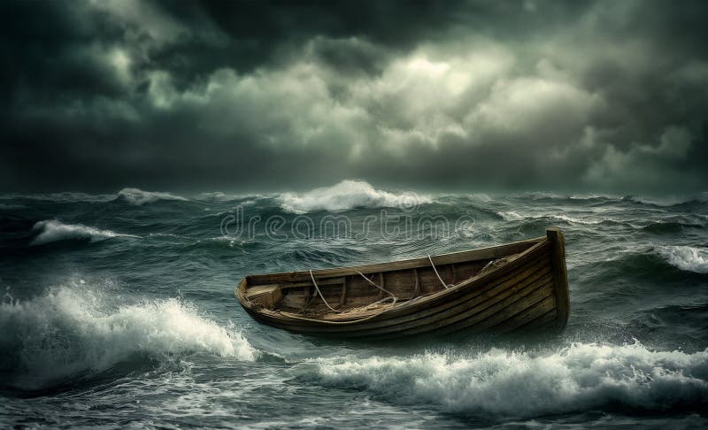 Dramatic Night Landscape with an Old Boat in the Stormy Ocean Stock ...
