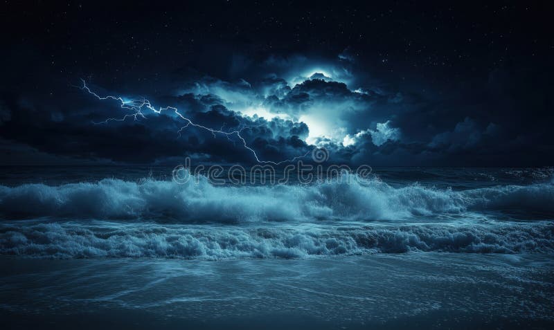 Dramatic Night Ocean Scene with Lightning and Stormy Clouds ...