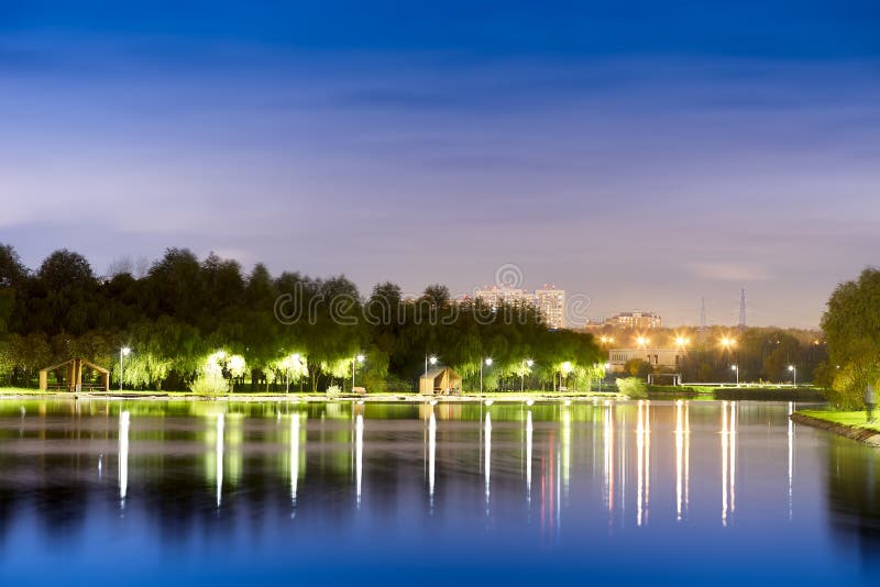Dramatic Night Park Illumination Reflections Background Stock Image ...