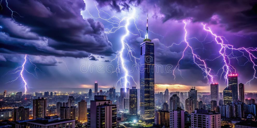 Dramatic Night Scene of a City Skyline with Multiple Lightning Strikes ...