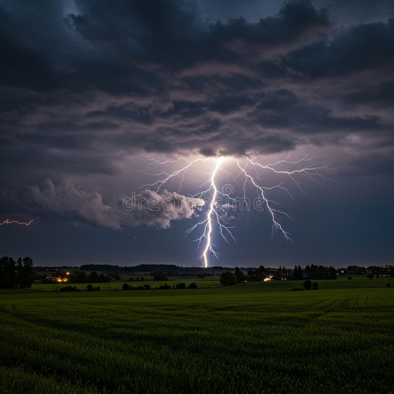A Dramatic Night Scene Features a Bright Bolt of Lightning Striking the ...