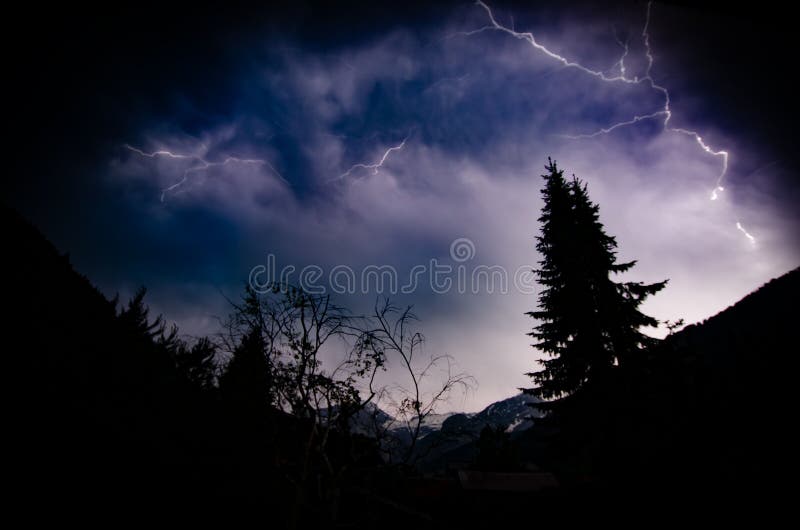 Lightning Bolt Over Mountains Trees Night Stock Photos - Free & Royalty ...