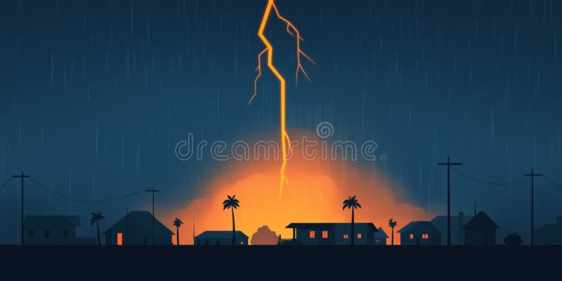 Dramatic Night Scene of Lightning Strike Over Village Stock ...