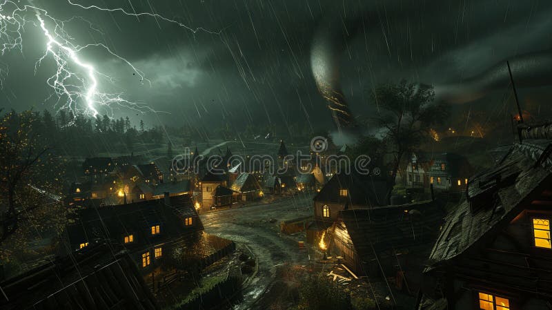 Dramatic Night Scene with Lightning and Tornado Approaching Town ...