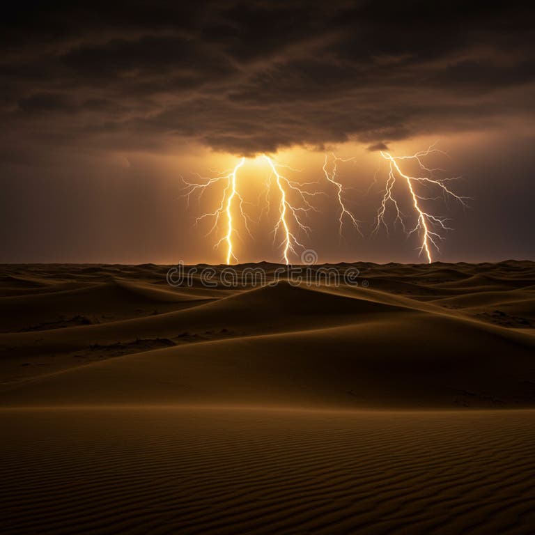 A Dramatic Night Scene with Multiple Lightning Bolts Striking a Desert ...