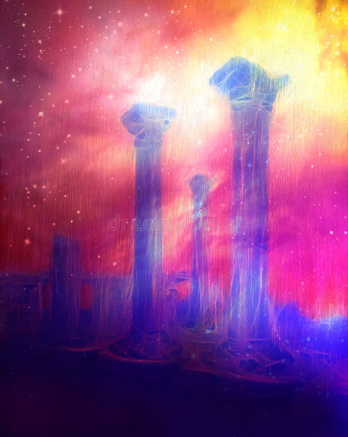 Dramatic Night Scene with Ruins of Ancient Greek Temple Building Stock ...