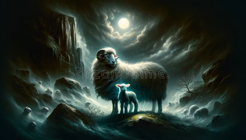 Dramatic Night Scene with Sheep and Lamb Under Moonlight Stock ...