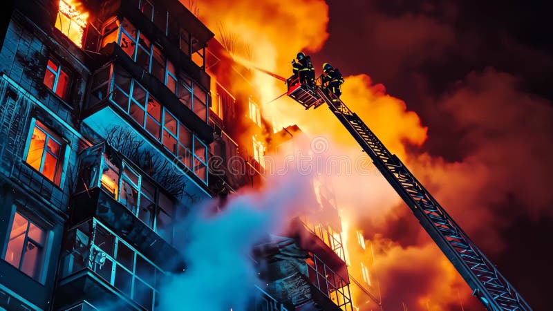 A Dramatic Night Scene Shows Firefighters Using a Ladder To Combat a ...