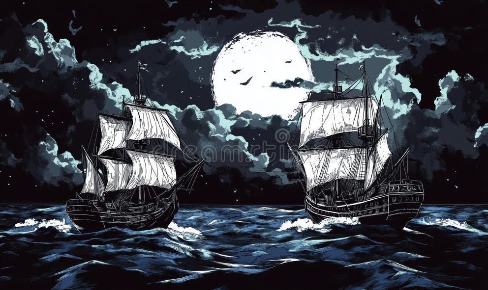 Dramatic Night Scene with Two Sailing Ships Under a Full Moon and ...