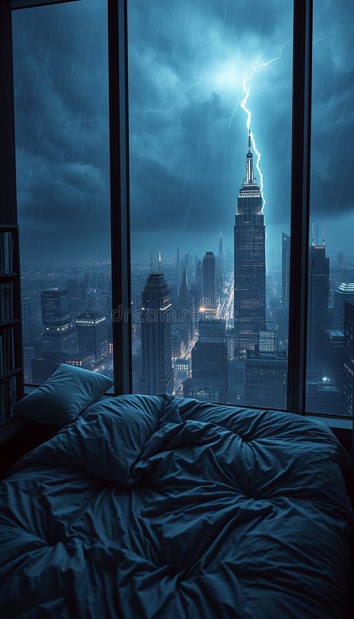 Stormy Cityscape Empire State Building Lightning Dramatic Night View ...