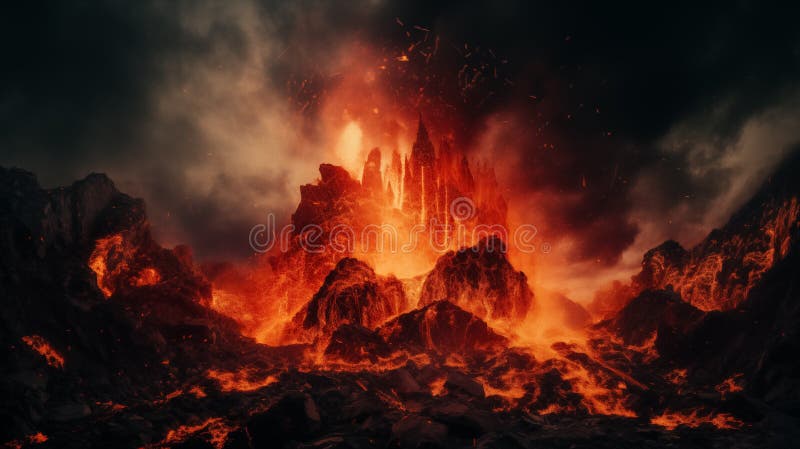 A Dramatic Night Scene of a Volcanic Eruption Stock Illustration ...