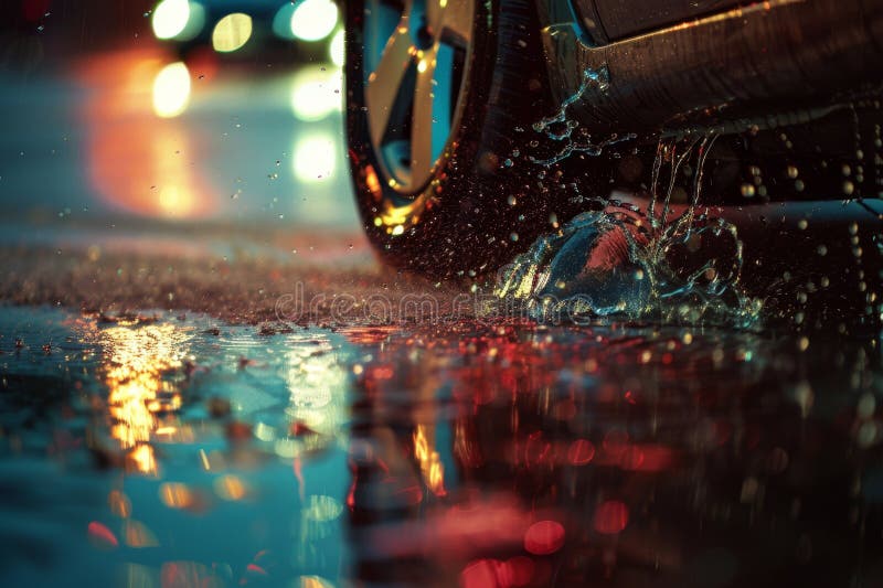 Dramatic Night Scene of Water Splashing Around a Bicycle Wheel in a ...