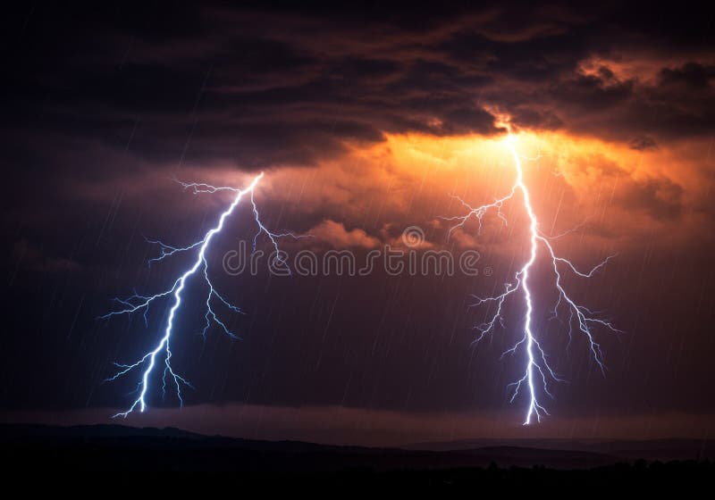 Dramatic Night Sky with Bright Lightning Strikes Stock Illustration ...