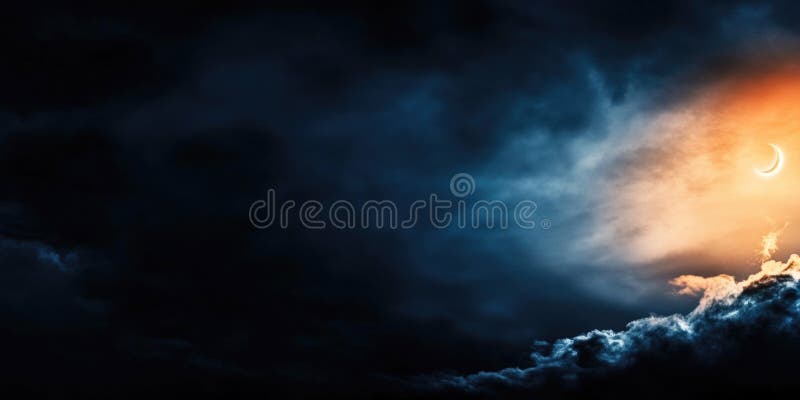 Dramatic Night Sky with Crescent Moon and Illuminated Clouds Stock ...