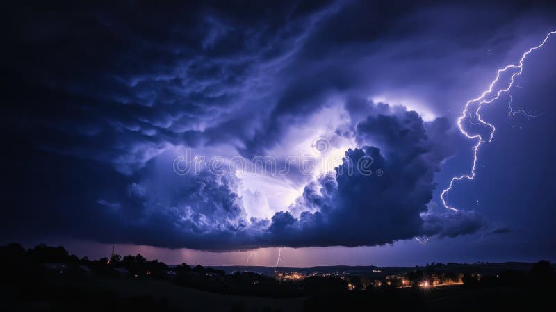 Dramatic Night Sky with Lightning and Dark Clouds Over a Quiet Town ...