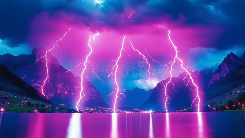 Dramatic Night Sky with Pink Lightning Storm Over a Water Landscape ...