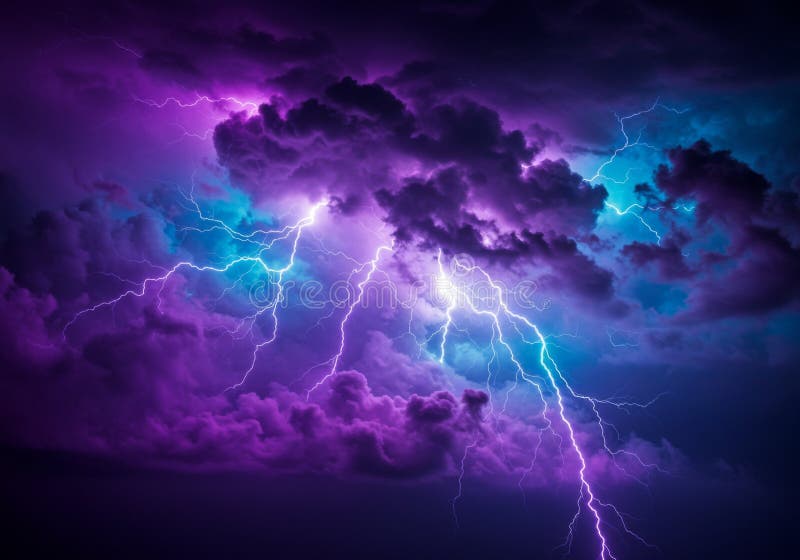 Dramatic Night Sky with Purple and Blue Lightning Stock Illustration ...