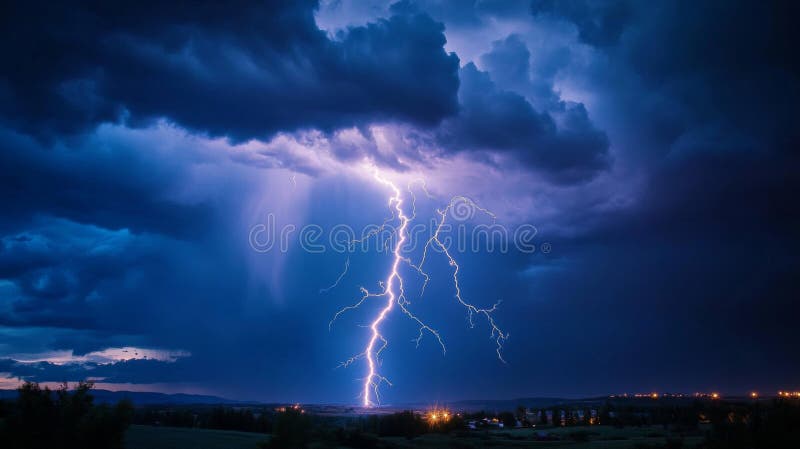 Dramatic Night Storm with Lightning Bolt Over City Stock Illustration ...