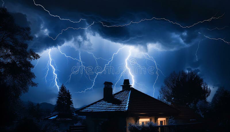 Dramatic Night Storm Over House, Lightning Strikes and Dark Clouds ...