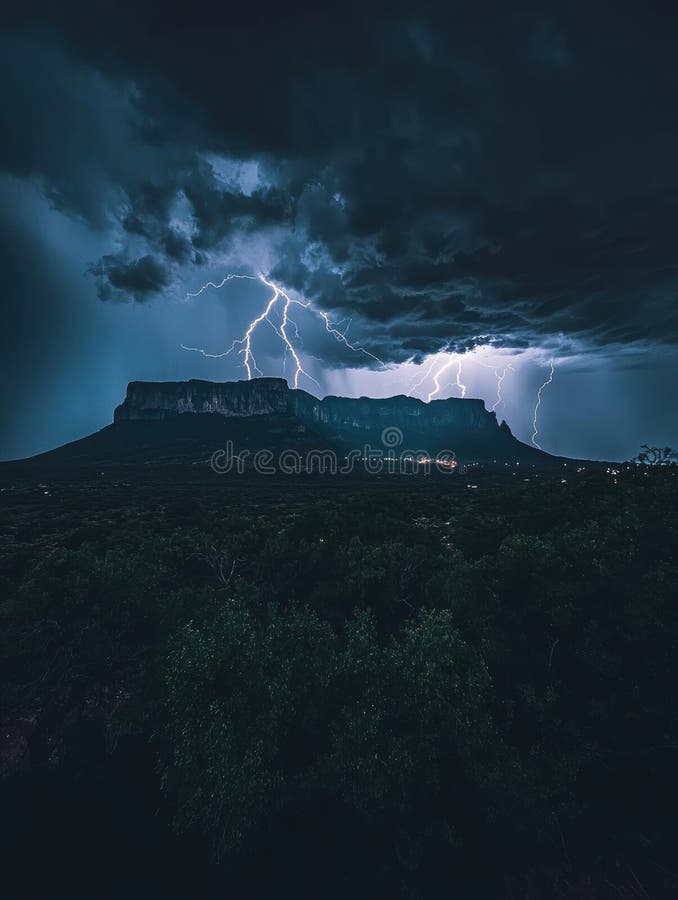 Dramatic Night Thunderstorm Lightning Strikes Mountain Peak Dark ...