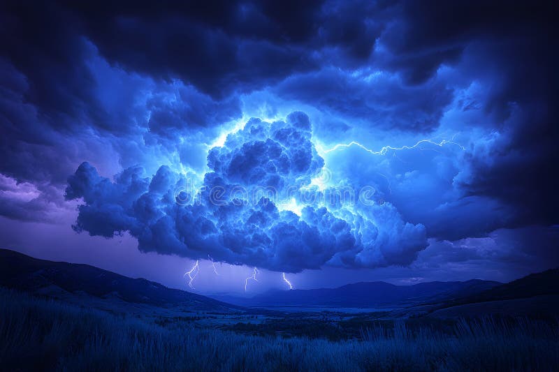 Dramatic Night Thunderstorm Lightning Strikes Over Mountains Dark Blue ...