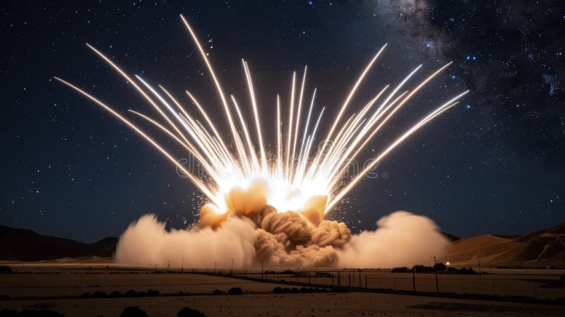 Dramatic Night Time Explosion with Bright Fire Trails Illuminating the ...