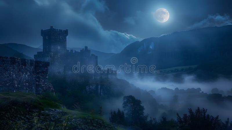 Dramatic Night View of an Ancient Castle Stock Illustration ...