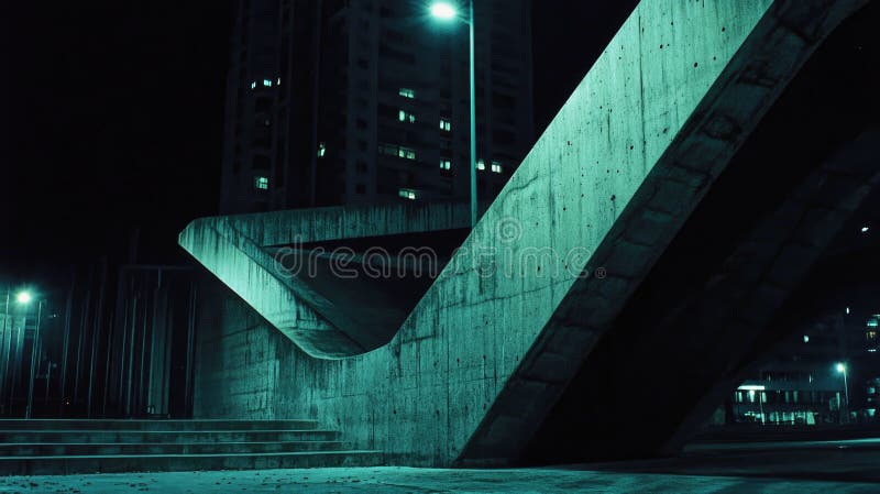 Dramatic Night View of a Neo-brutalist Bridge Illuminated by Street ...