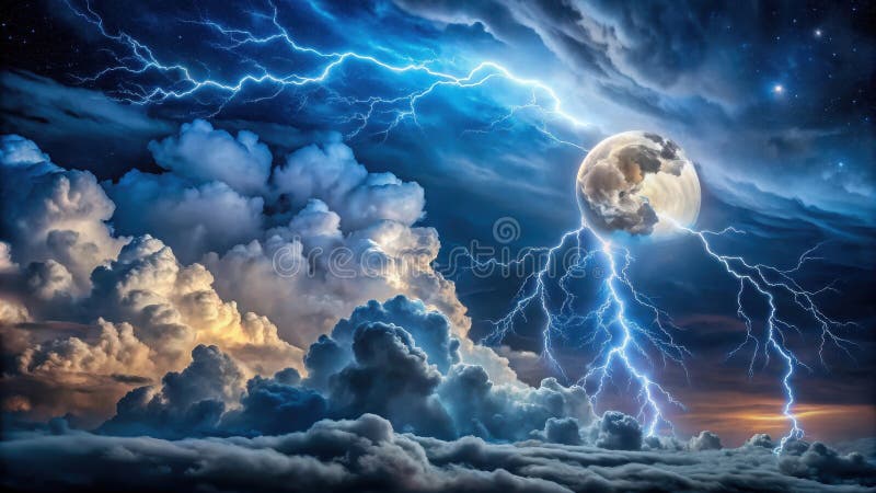A Dramatic Nightscape Featuring a Full Moon, Intense Lightning Strikes ...