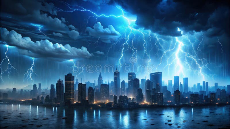 A Dramatic Nightscape of a Modern Metropolis Under a Violent Electrical ...