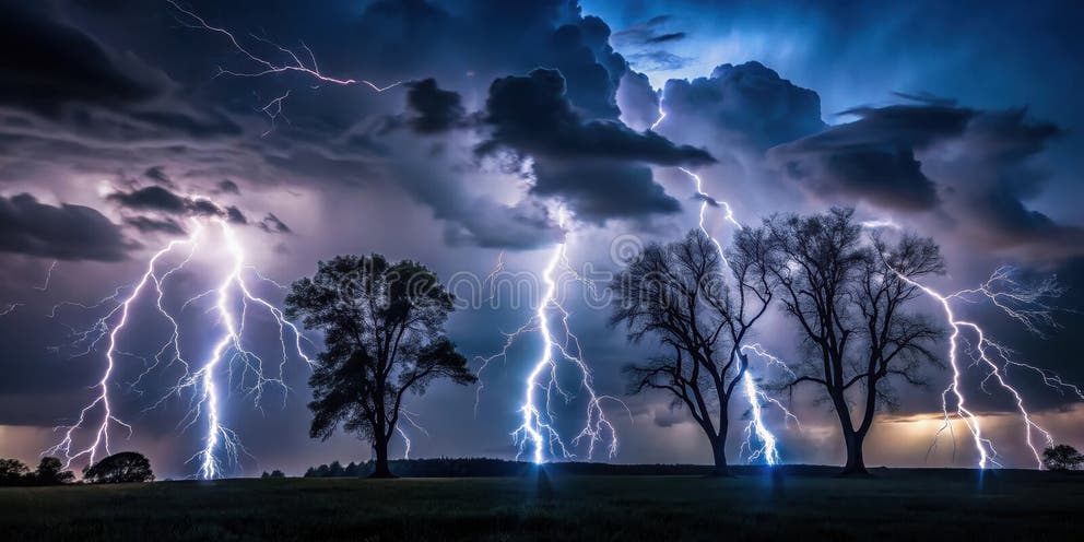 Dramatic Nightscape Silhouetted Trees Under a Violent Electrical Storm with Multiple Lightning ...