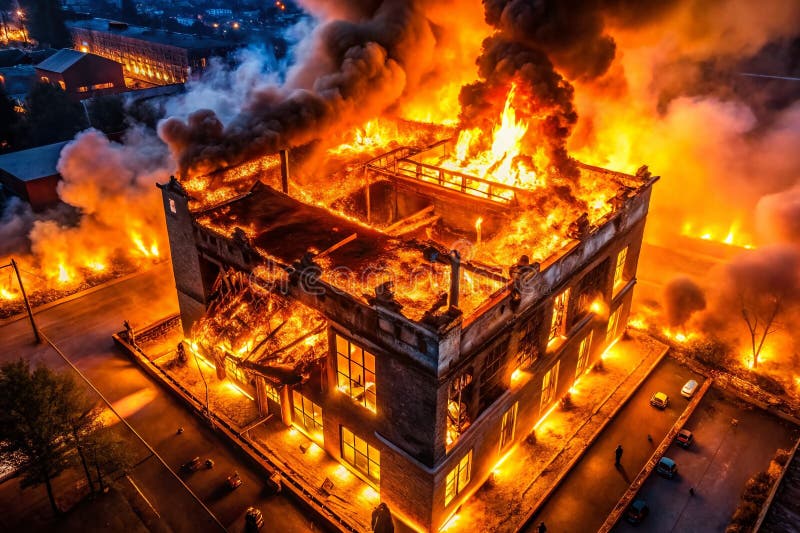 Dramatic Nighttime Aerial View of a Burning Rectangular Structure Drone ...