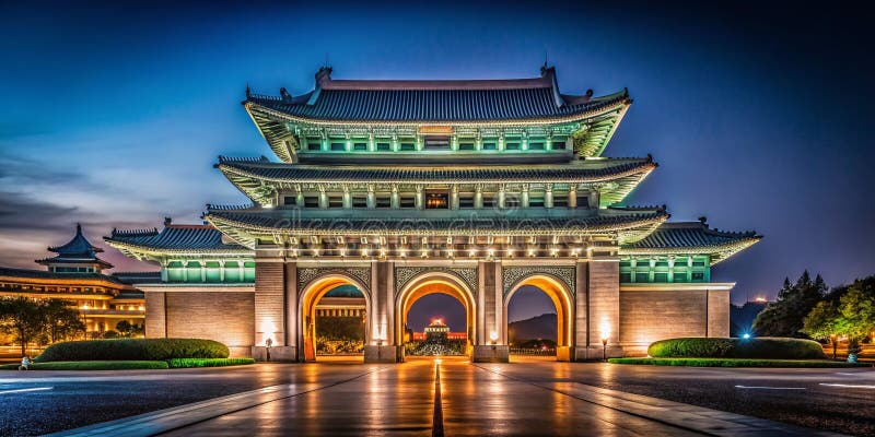 Dramatic Nighttime Architecture of Potong Gate in Pyongyang North Korea ...