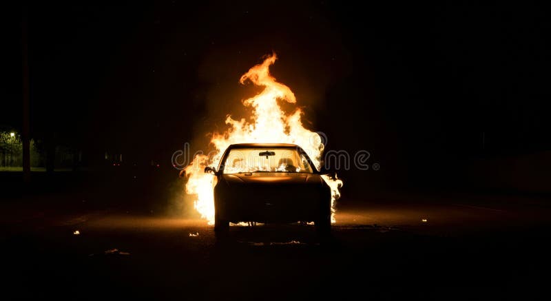 Dramatic Nighttime Car Fire on Empty Road Captured in Striking ...