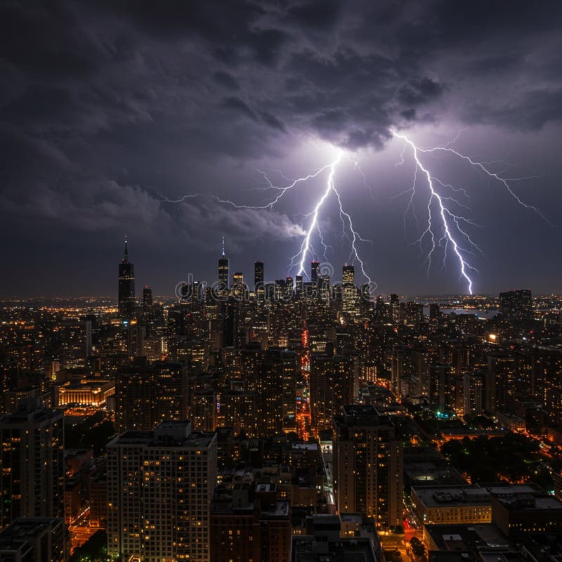 A Dramatic Nighttime Cityscape Features a Skyline Illuminated by ...