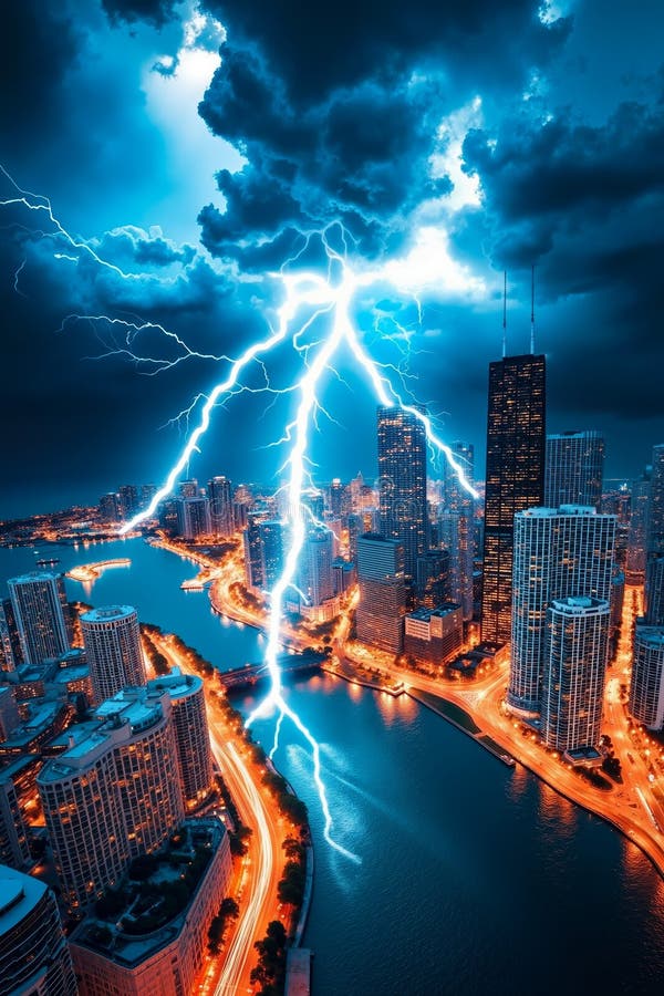 A City Skyline with a Lightning Bolt in the Sky Stock Photo - Image of ...