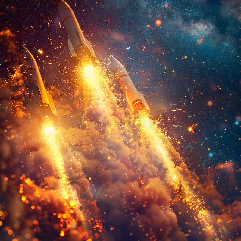 Dramatic Nighttime Launch of Multiple Rockets Against a Cosmic ...