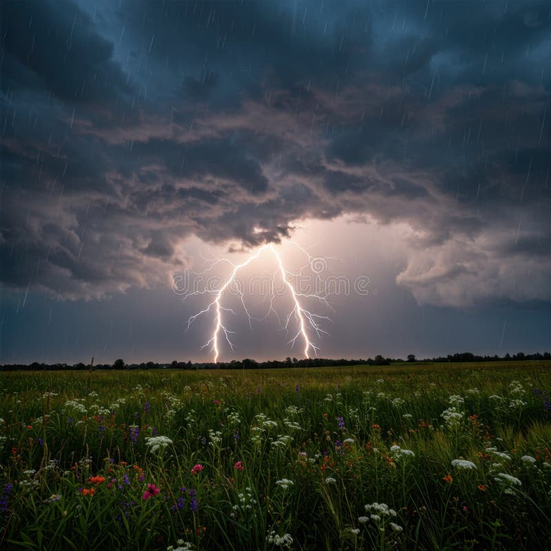 Dramatic Nighttime Lightning Storm Over Wildflower Field Stock ...
