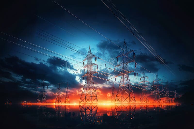 Stormy Night Pylons: Dramatic Illumination, Generative Ai Stock ...