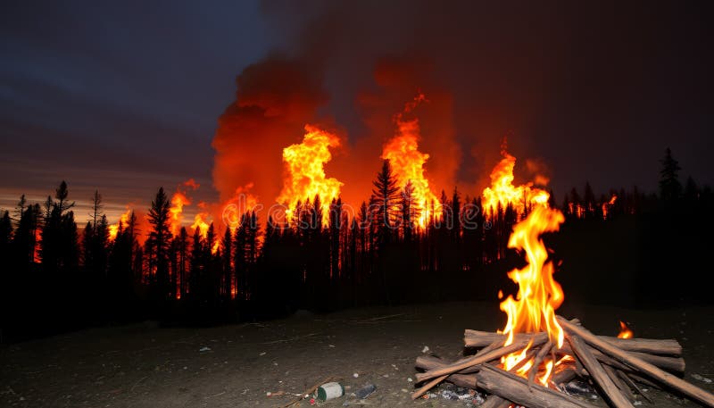 Forest Fire at Night with Campfire Stock Illustration - Illustration of ...