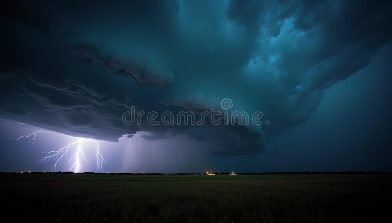 Dramatic Nighttime Storm Scene: a Powerful Lightning Bolt Strikes a ...