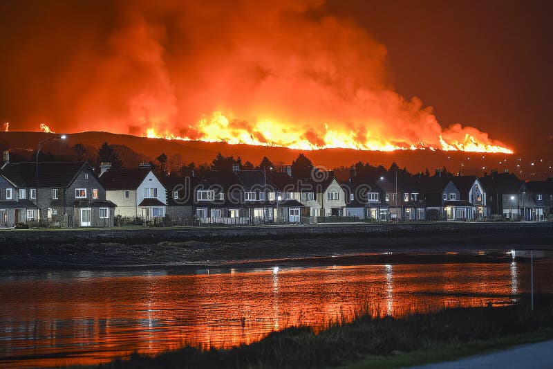 Dramatic Nighttime Wildfire Near Coastal Village with Reflection on ...