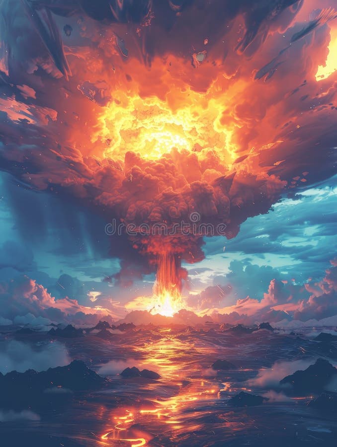 A Dramatic Nuclear Explosion Illuminates a Dark, Cloudy Sky Over a ...