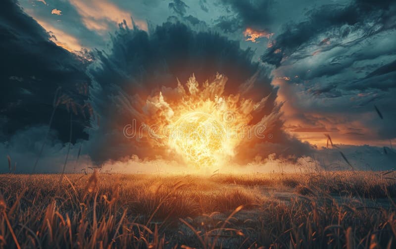 A Dramatic Nuclear Explosion Illuminates a Dark, Cloudy Sky Over a ...