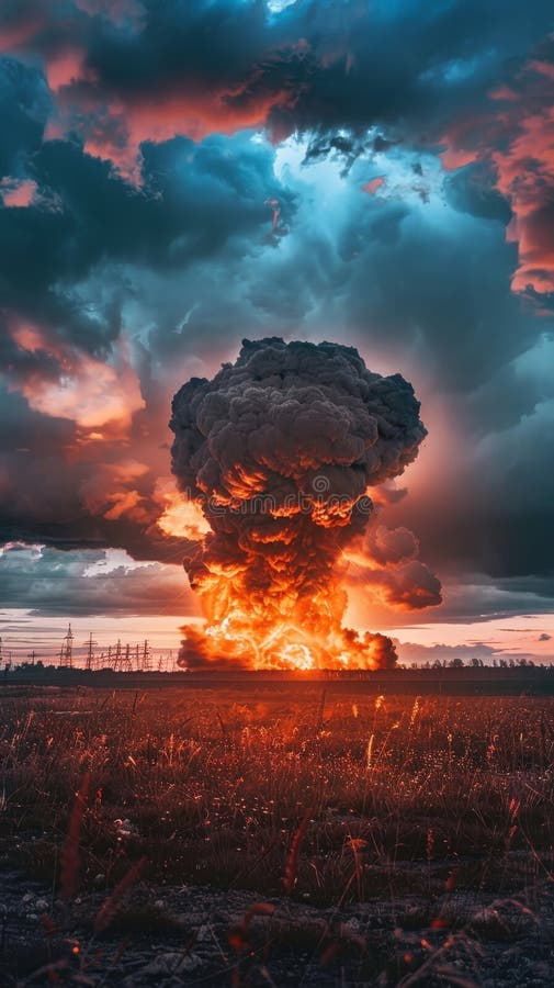 A Dramatic Nuclear Explosion Illuminates a Dark, Cloudy Sky Over a ...