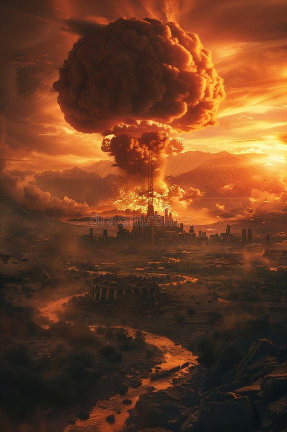 Dramatic Nuclear Explosion with Mushroom Cloud Over Devastated City ...