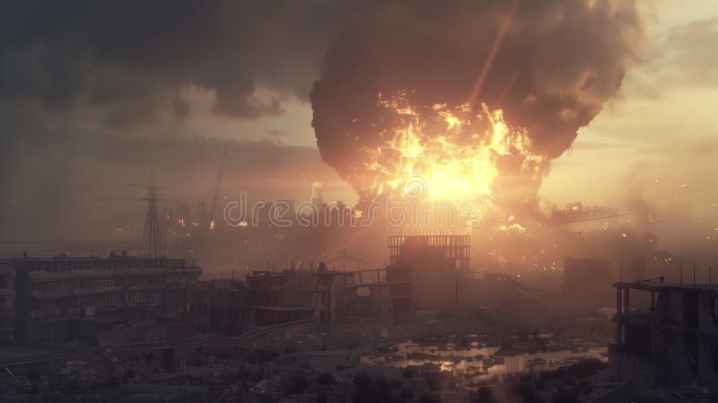 Dramatic Nuclear Explosion with Mushroom Cloud Over Devastated City ...