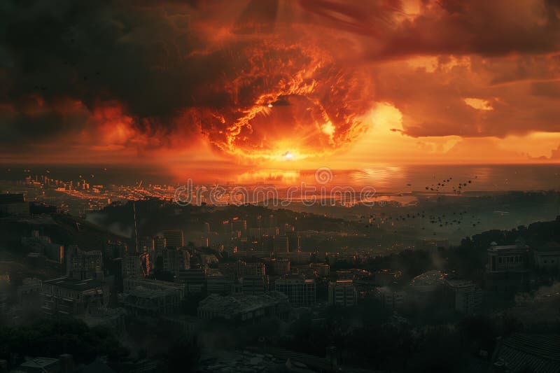 Dramatic Nuclear Explosion with Mushroom Cloud Over Devastated City ...