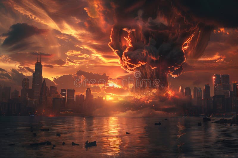 Dramatic Nuclear Explosion with Mushroom Cloud Over Devastated City ...