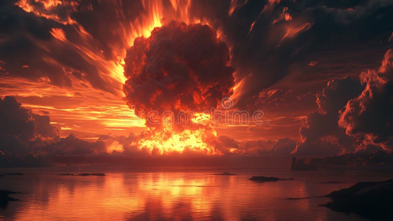 Dramatic Nuclear Explosion Over Water with Fiery Orange Clouds Stock ...